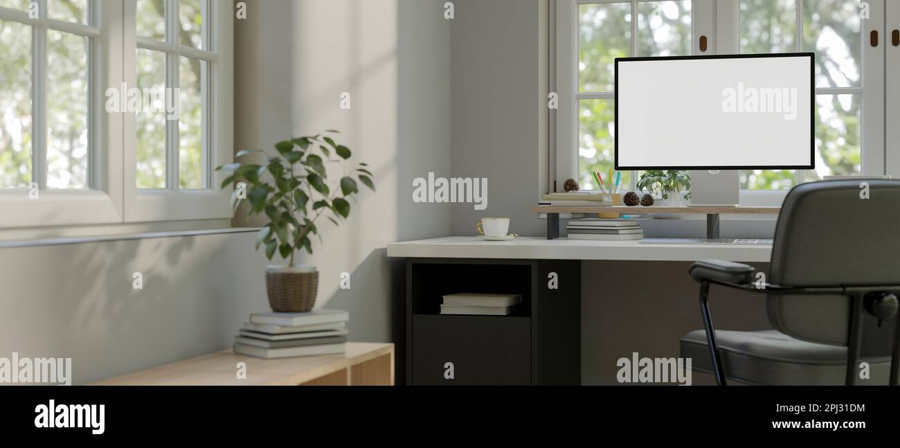 Modern white home office workspace interior design with computer blank ...