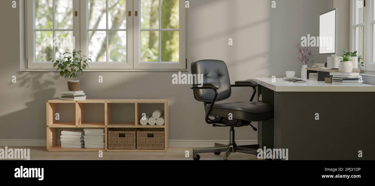 Minimal home working room interior design with computer desk, black ...