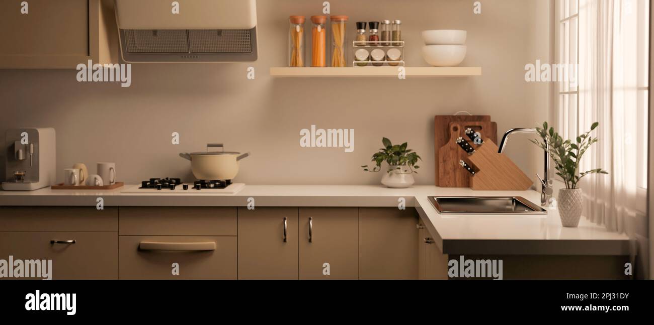 Modern contemporary kitchen interior design with kitchen counter ...