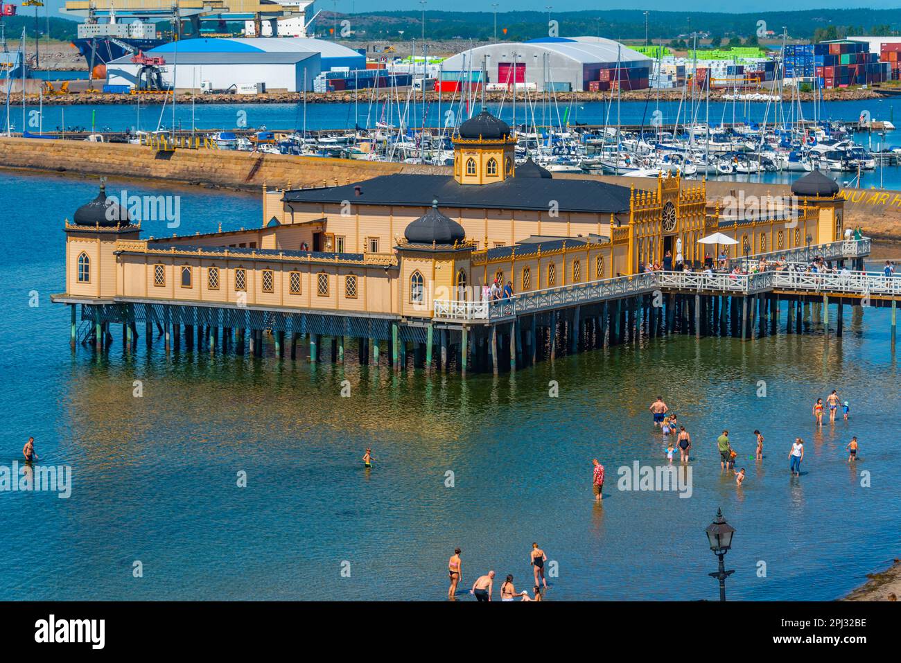 Varberg, Sweden, July 12, 2022: Bathhouse at a beach in Swedish town ...