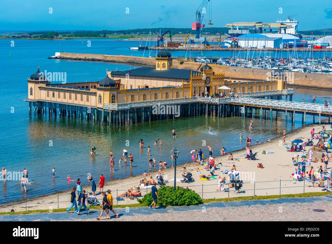 Varberg, Sweden, July 12, 2022: Bathhouse at a beach in Swedish town ...
