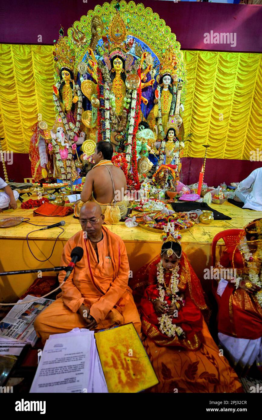 Priest of Adyapith Temple seen conducting the Kumari Puja ritual in ...