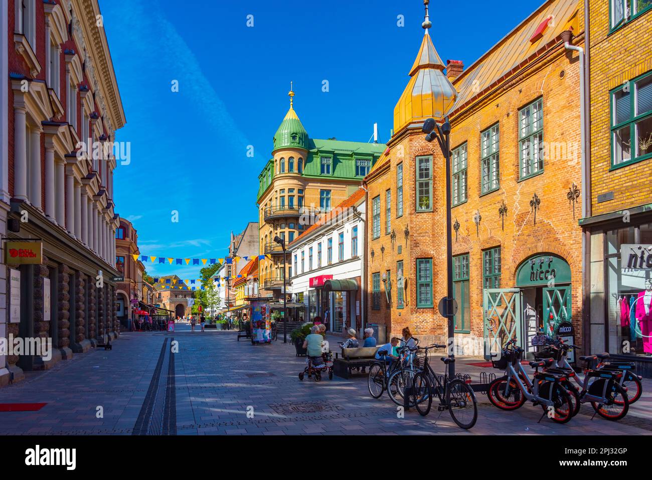 Halmstad, Sweden, July 12, 2022: Commercial street in Halmstad, Sweden ...