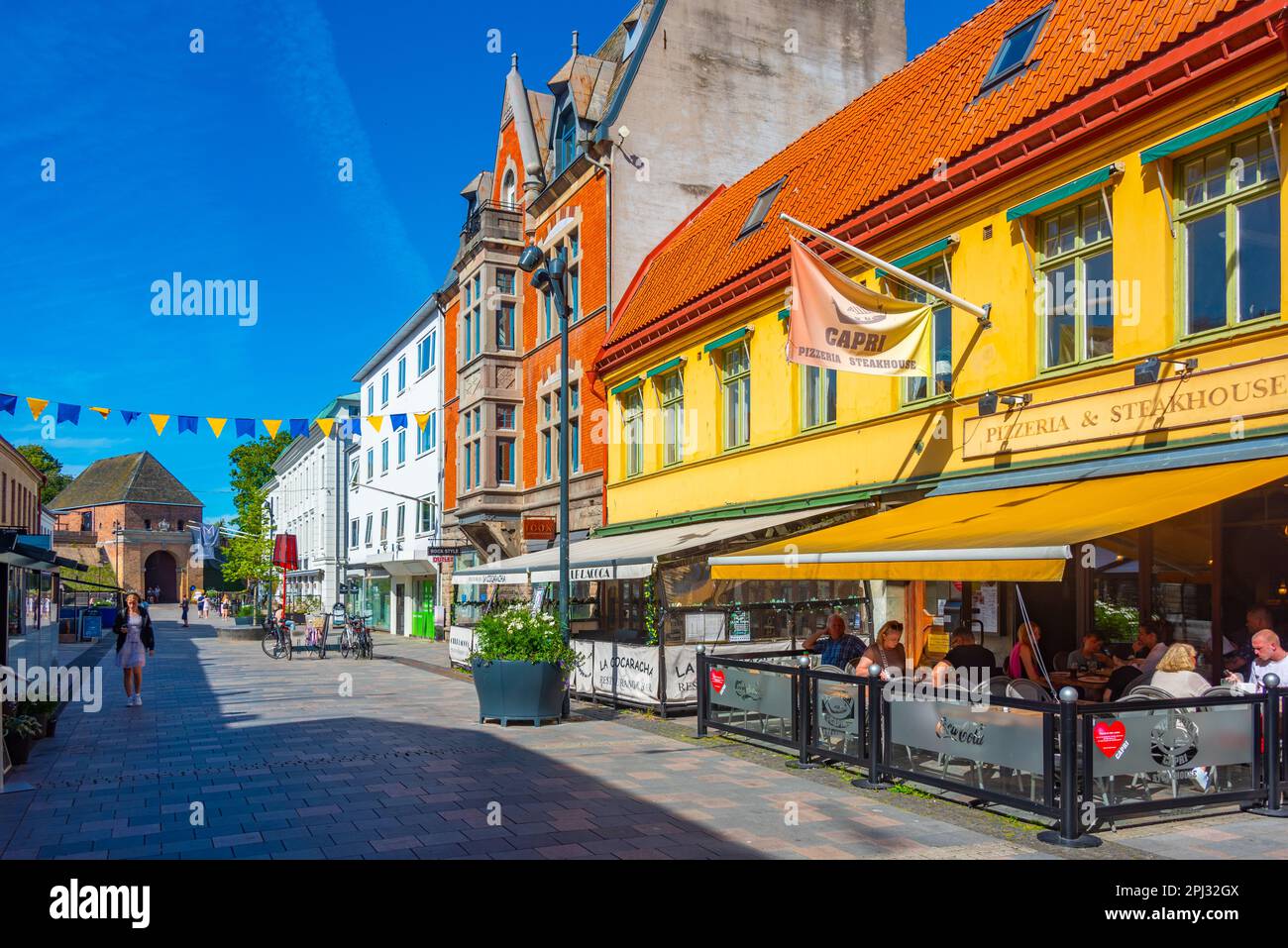 Halmstad, Sweden, July 12, 2022: Commercial street in Halmstad, Sweden ...