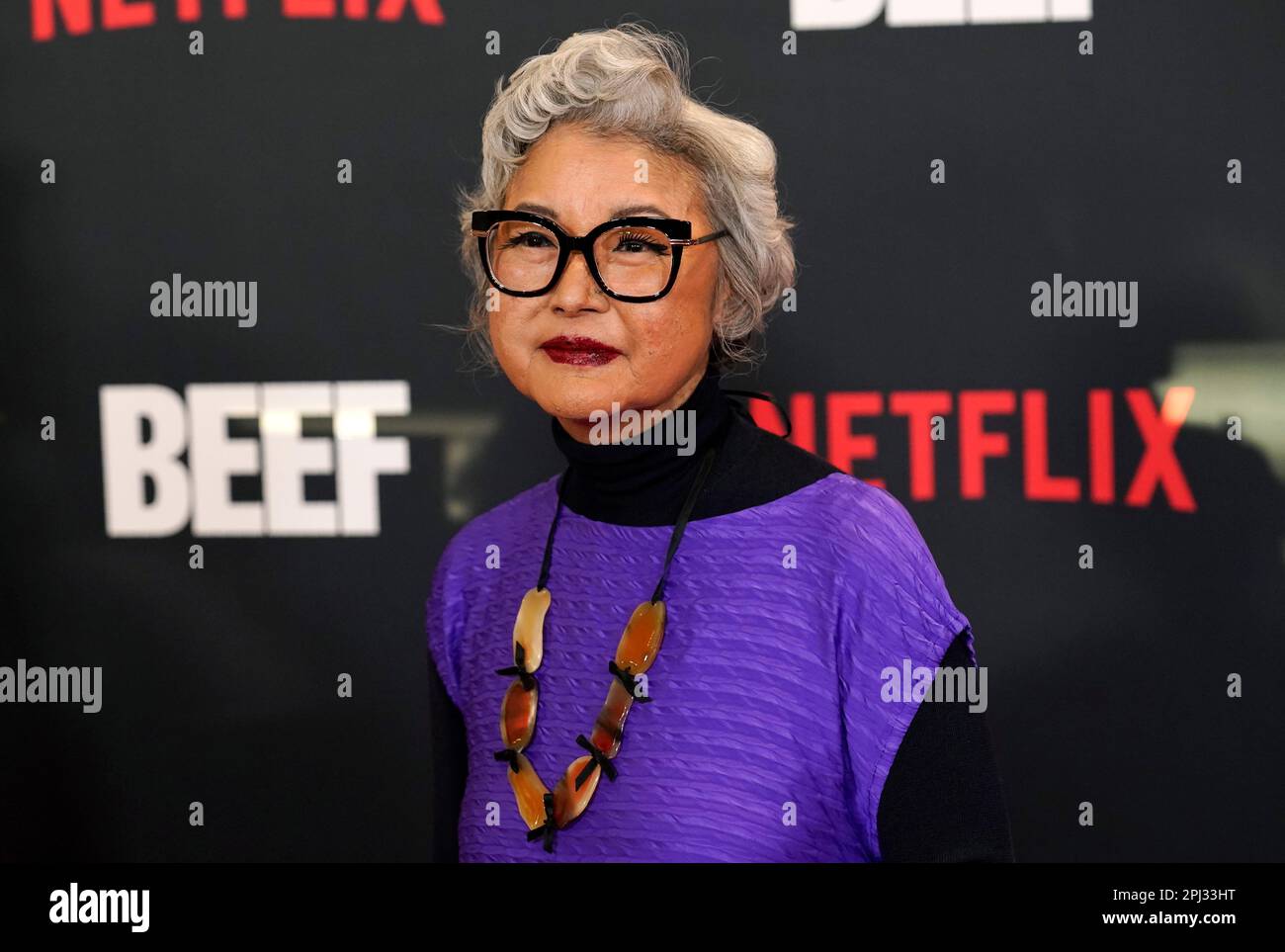 Patti Yasutake, a cast member in "Beef," poses at the premiere of the ...