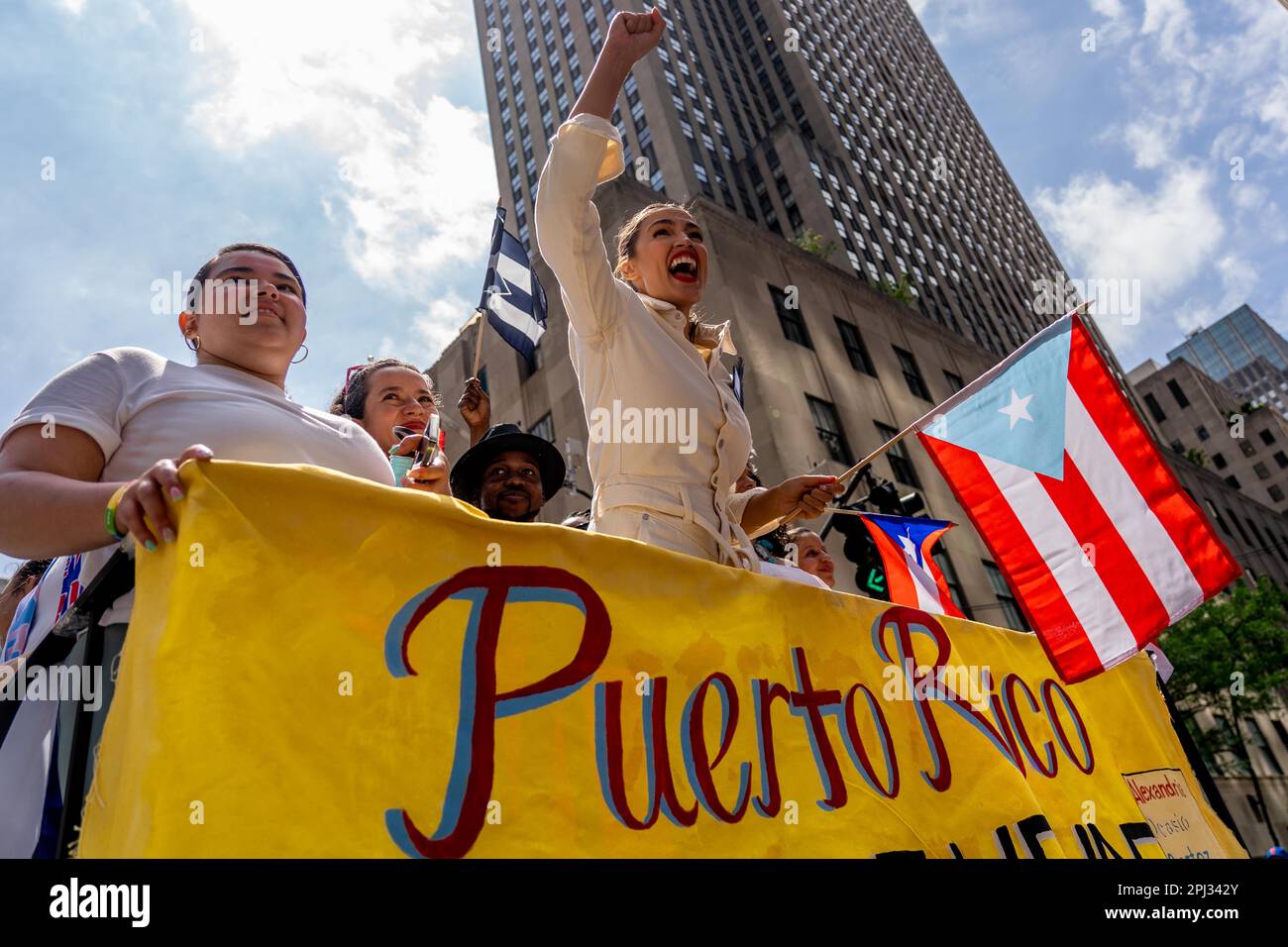 Alexandria Ocasio Cortez attends the annual 2022 Puerto Rican parade on ...