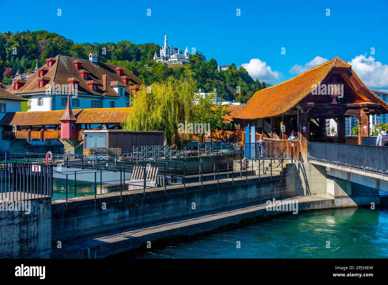 Luzern, Switzerland, September 20, 2022: Panorama of Spreuerbruecke and ...