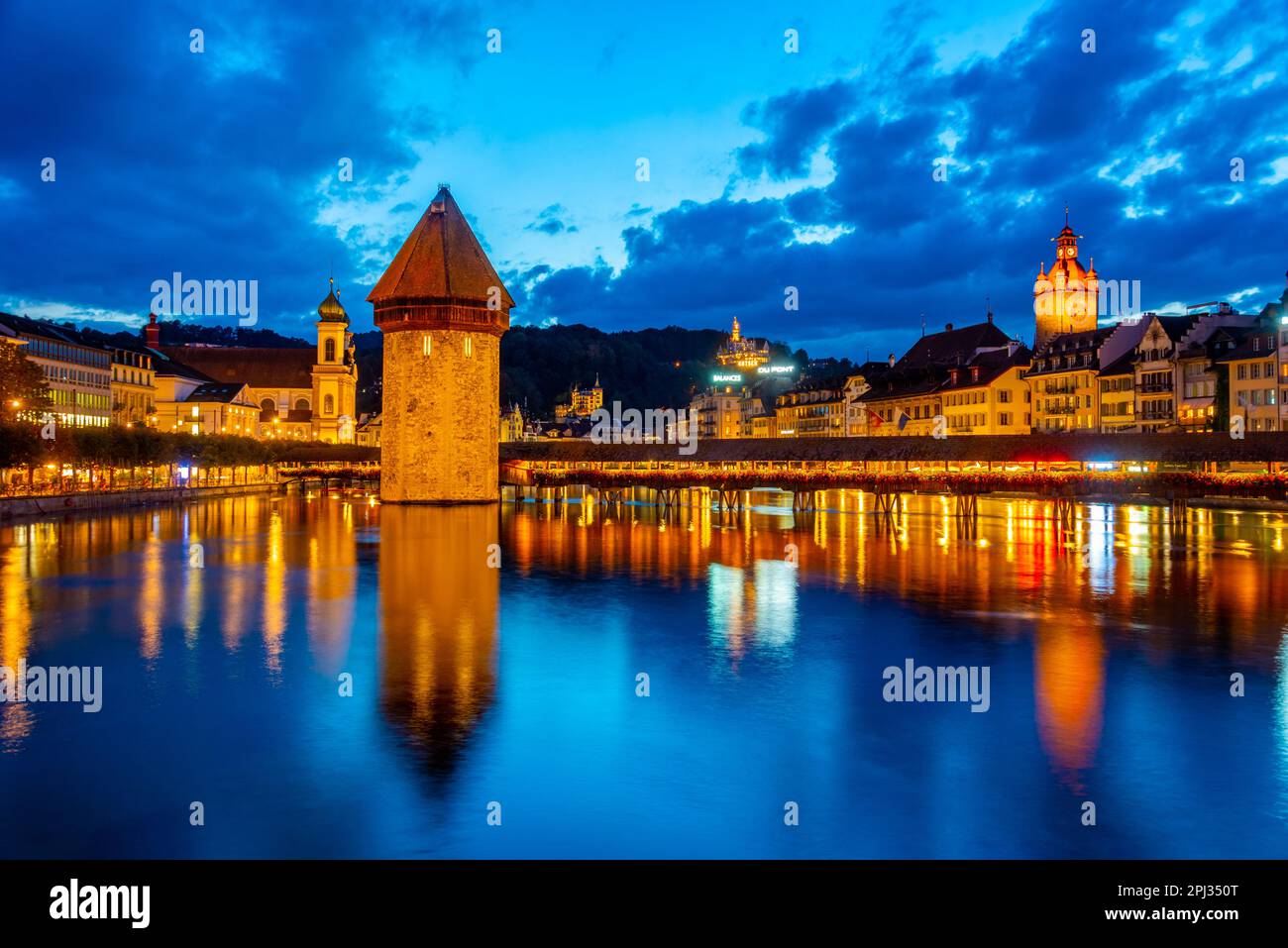 Luzern, Switzerland, September 20, 2022: Night view of Kapellbruecke ...