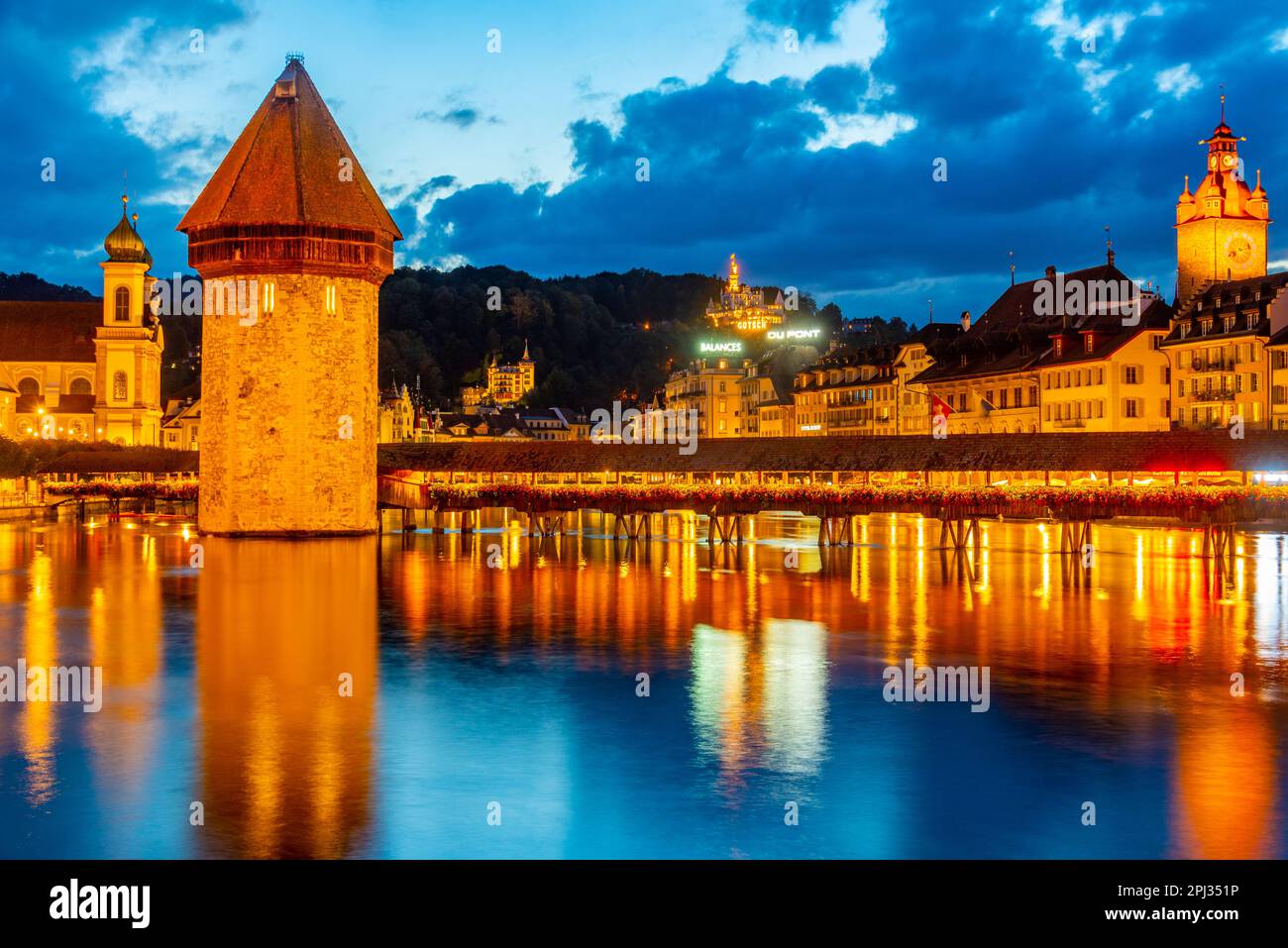 Luzern, Switzerland, September 20, 2022: Night view of Kapellbruecke ...