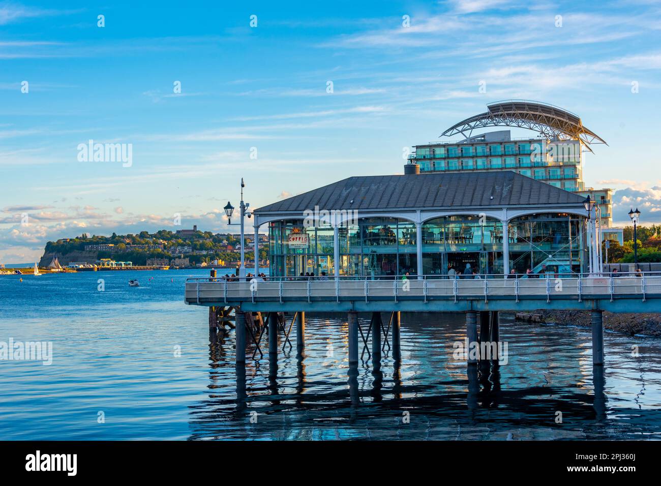 Cardiff, Wales, September 16, 2022: Coffee house at a pier at Cardiff ...