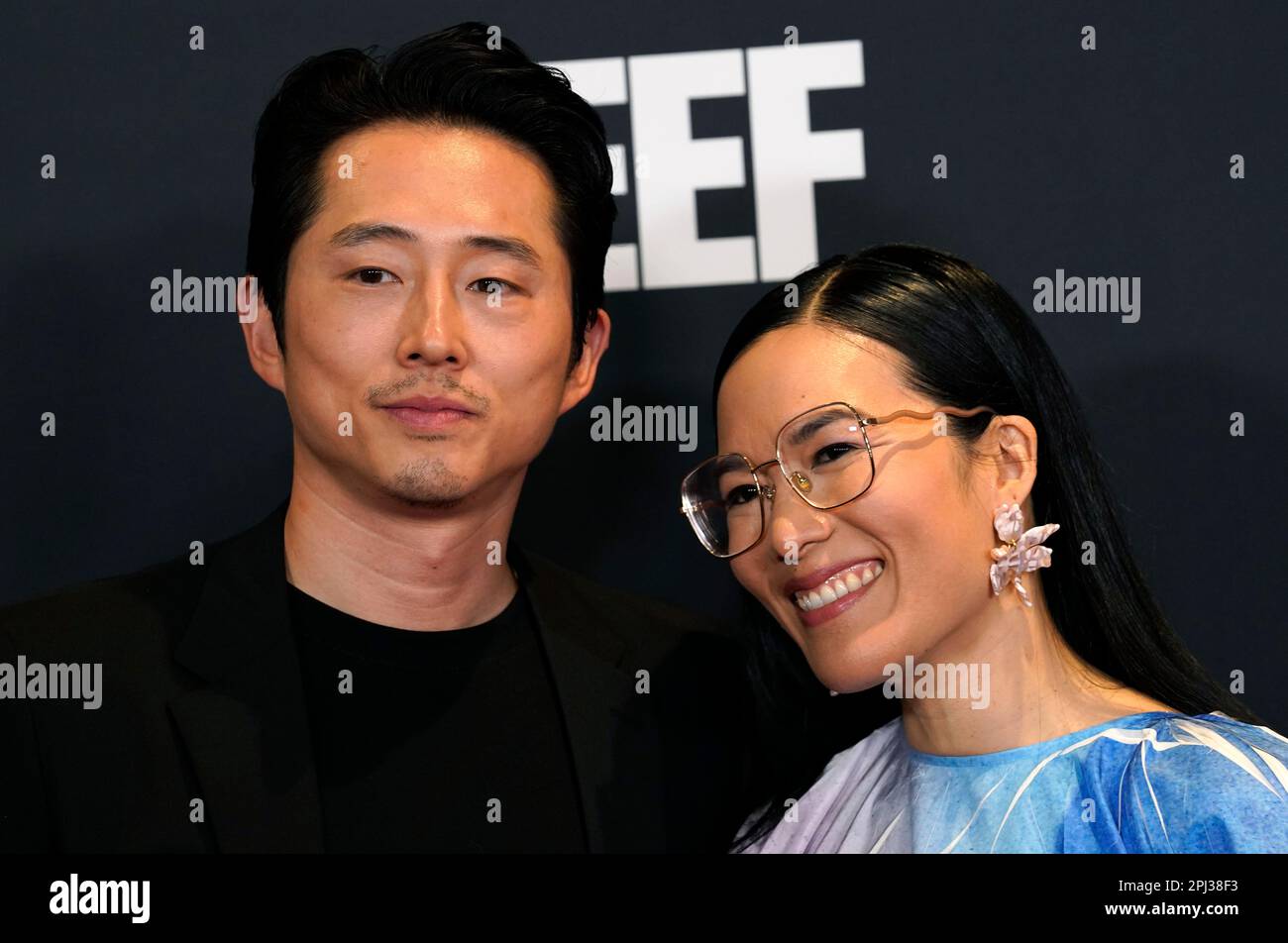 Steven Yeun, left, and Ali Wong pose together at the premiere of the Netflix series "Beef ...