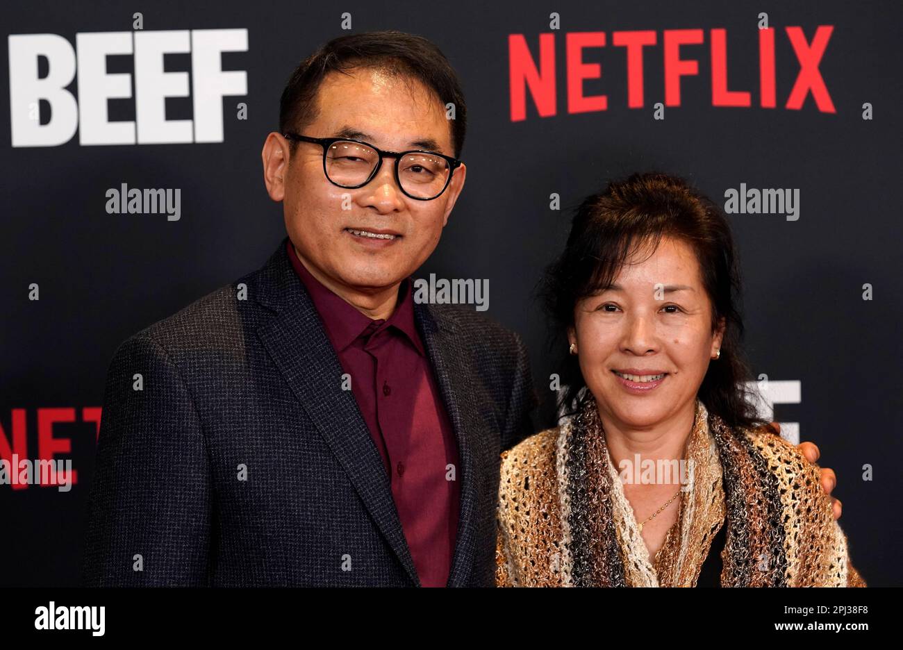Jerry Hanjoo Kim, left, and Gina Lee pose together at the premiere of the Netflix series "Beef ...