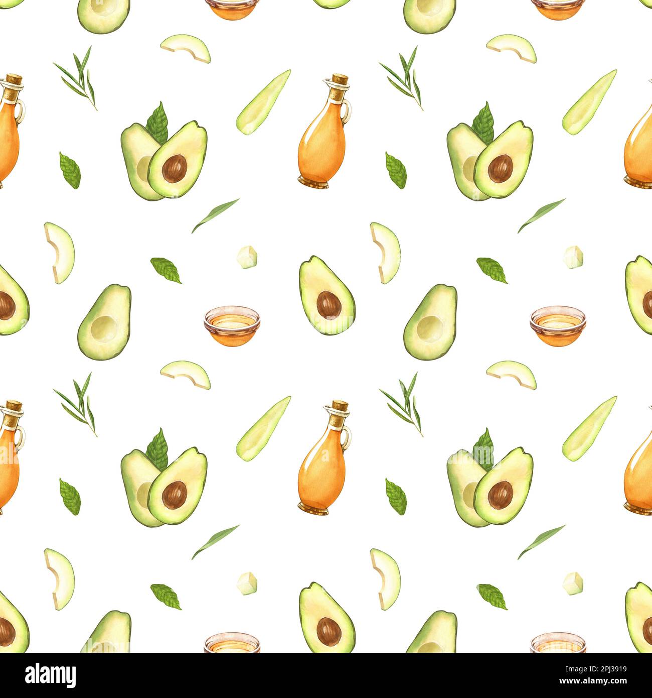Watercolor seamless pattern of fresh whole, sliced avocado and oil ...