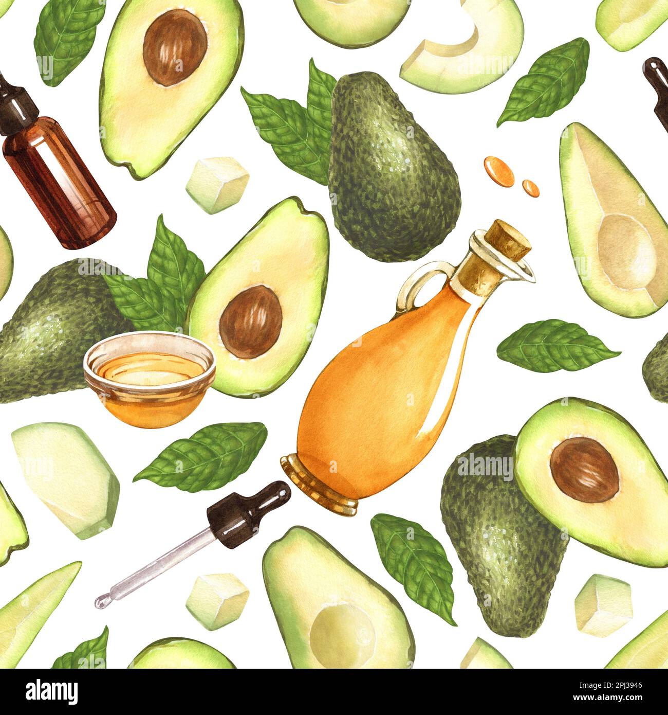 Watercolor seamless pattern of fresh whole, sliced avocado and oil ...