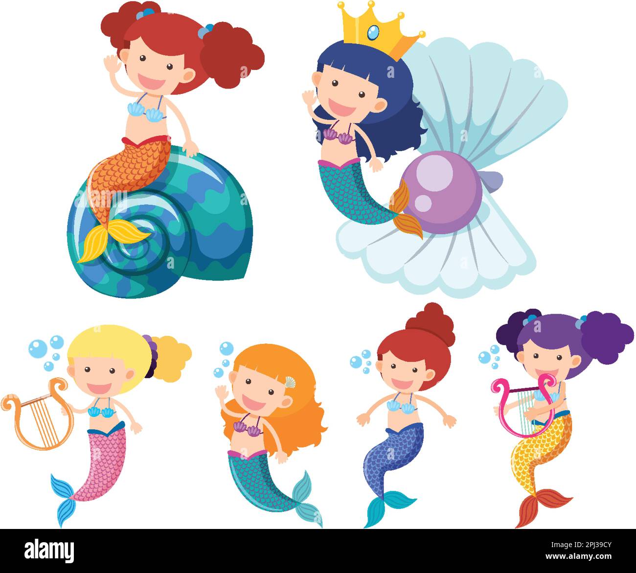 Set of cute mermaid cartoon character simple style illustration Stock ...