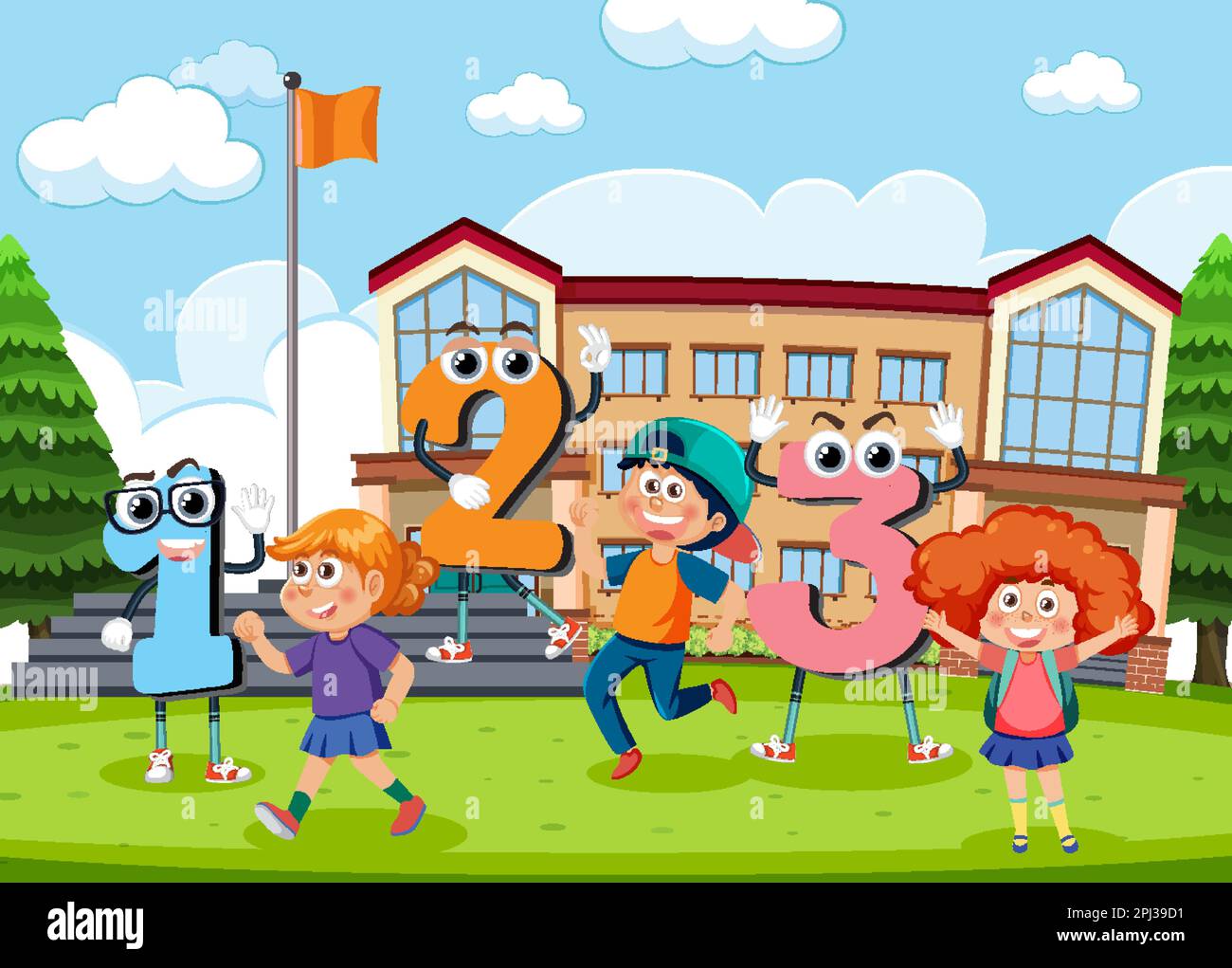 School kids with math theme outdoor background illustration Stock ...