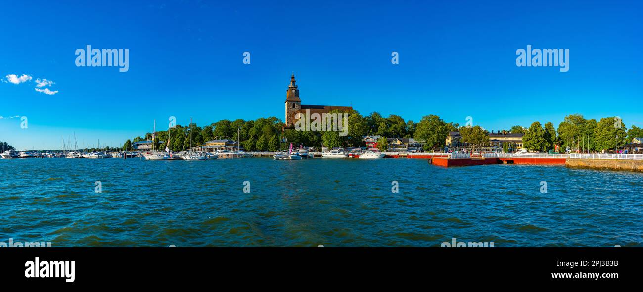 Naantali, Finland, July 29, 2022: Naantali church viewed over marina in ...