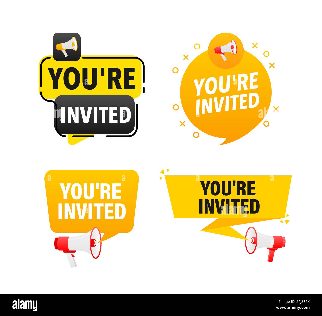Megaphone label set with text you are invited. You are invited announcement banner Stock Vector ...