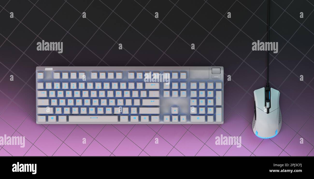 Computer Gaming PC keyboard neon light Futuristic modern workplace 3d ...