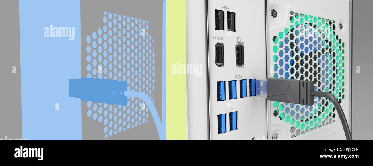 Connecting Device to USB Port on back side of Computer 3d render with ...