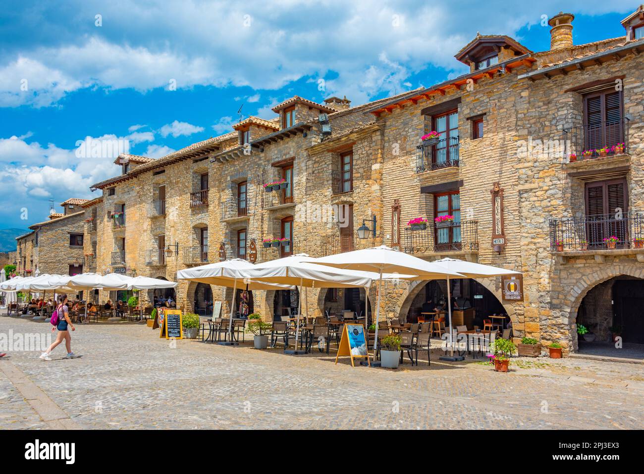 Ainsa, Spain, May 31, 2022: Plaza Mayor in Spanish village Ainsa Stock ...