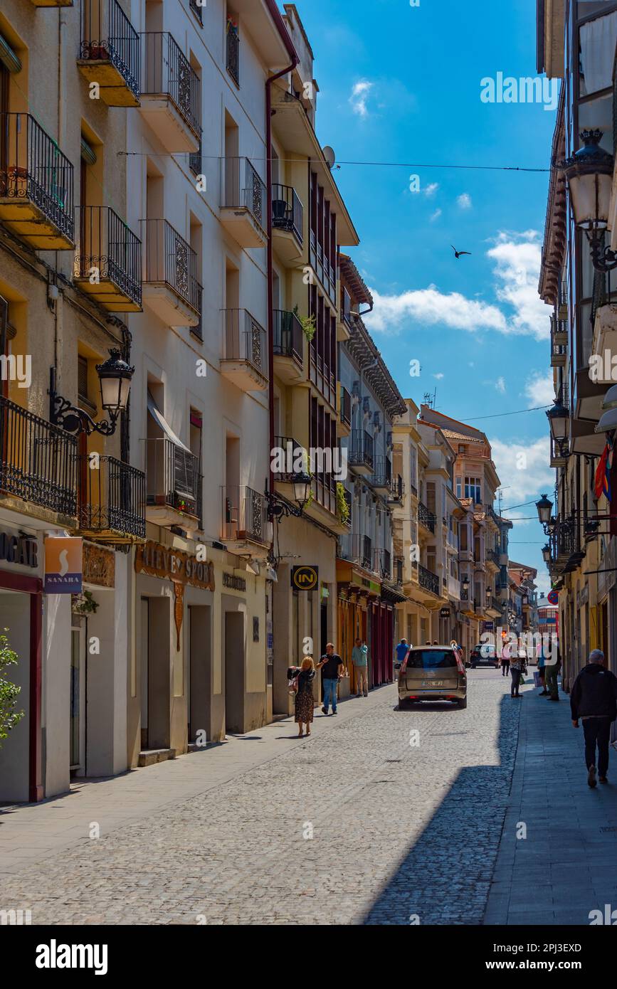Jaca, Spain, May 31, 2022: Colorful facades of houses in Spanish town ...