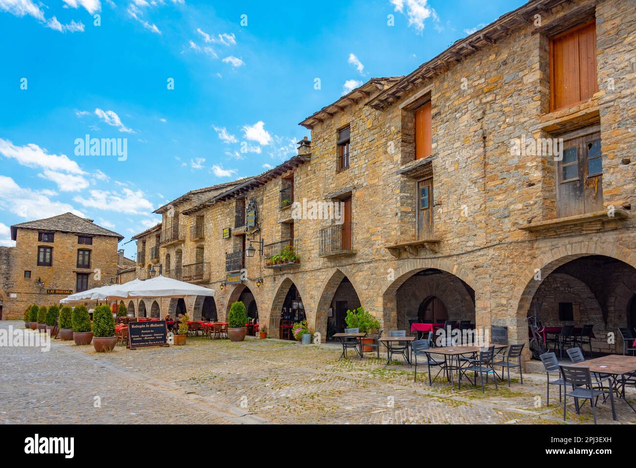 Ainsa, Spain, May 31, 2022: Plaza Mayor in Spanish village Ainsa Stock ...