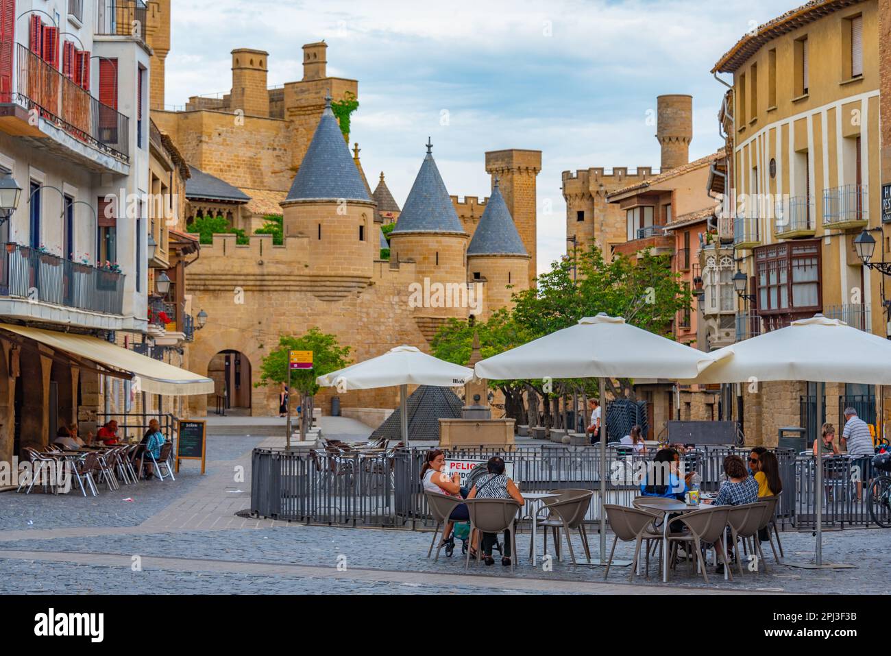Olite, Spain, May 30, 2022: View of the main square in Spanish town ...