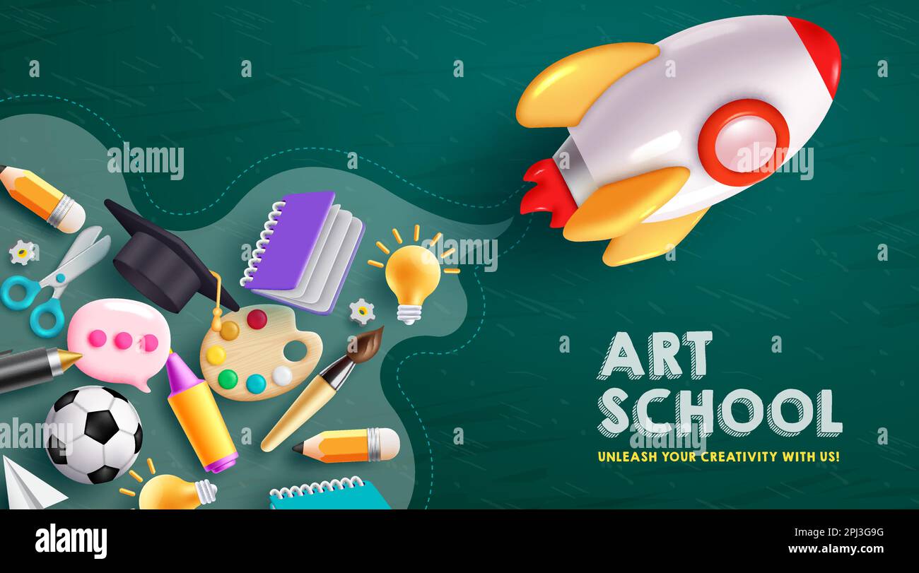 Art school vector background design. Art school text with flying rocket ...