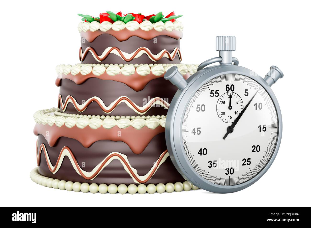 Chocolate Birthday Cake with stopwatch, 3D rendering isolated on white ...