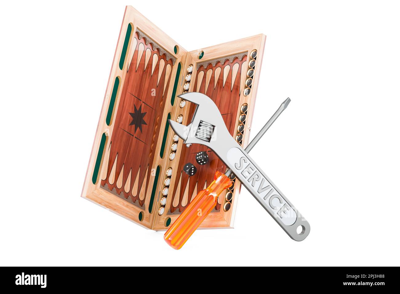 Backgammon, board game with screwdriver and wrench, 3D rendering ...