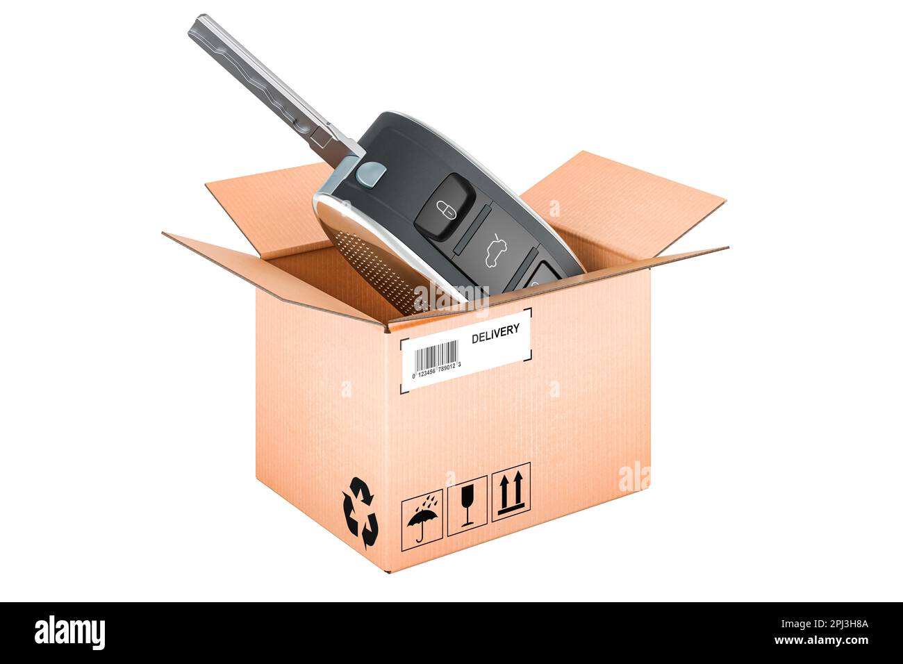 Car key inside cardboard box, delivery concept. 3D rendering isolated ...