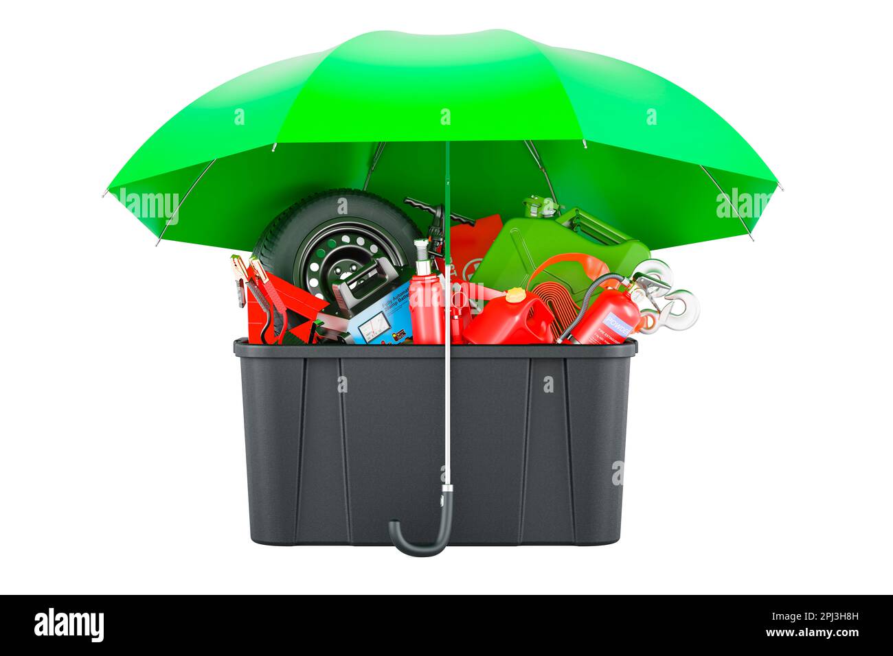 Plastic box full of car tools, equipment and accessories under umbrella ...