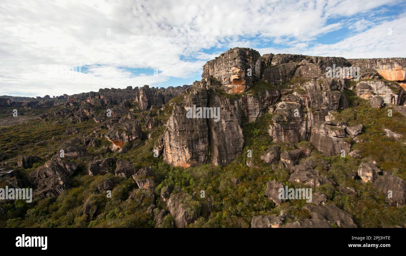 Rugged sandstone rocks on the plateau of Auyan tepui, a famous table ...