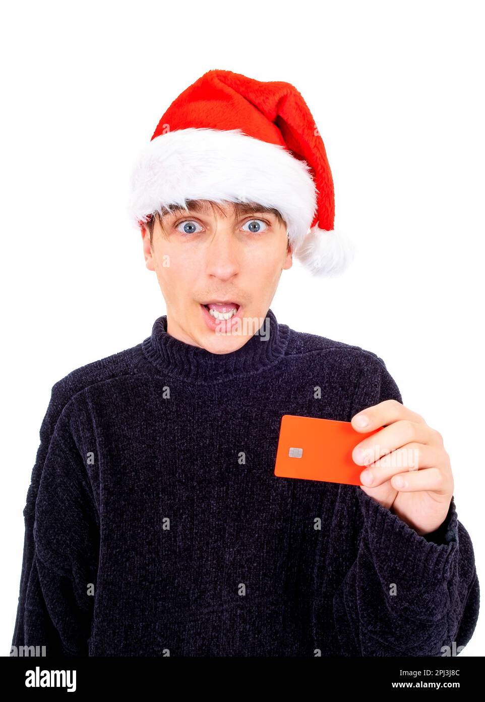 Surprised Young Man in Santa Hat with Empty Bank Card Isolated on the ...