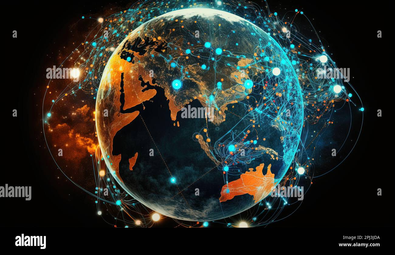 Global world network internet and telecommunication, view of the earth ...