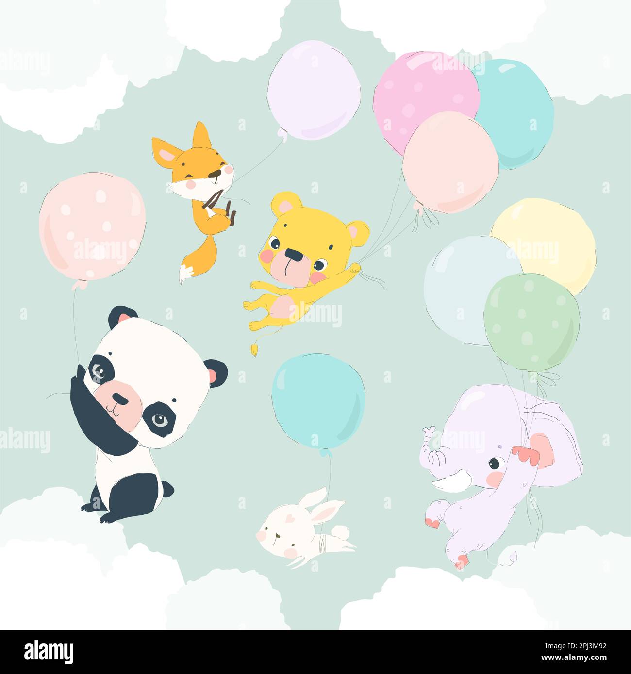 Cartoon Happy Animals flying with Balloons in the Sky Stock Vector ...