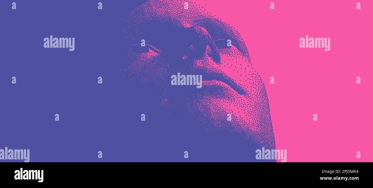 Abstract man head made from dots. Pixel art. Retro style. Time to think ...