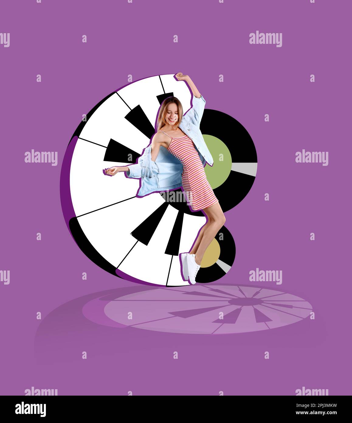 Beautiful young woman dancing on violet background. Bright creative ...