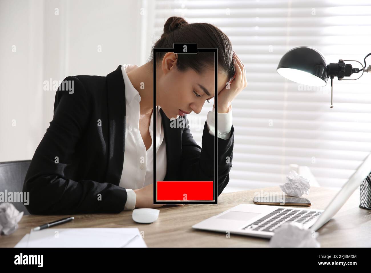Illustration of discharged battery and tired woman at workplace in ...