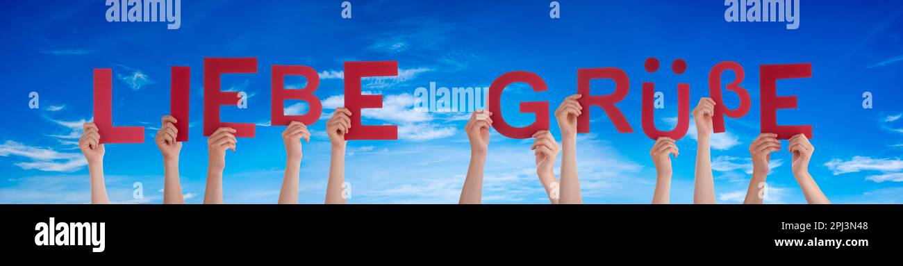 People Hands Building Word Liebe Gruesse Means Many Greetings, Blue Sky ...
