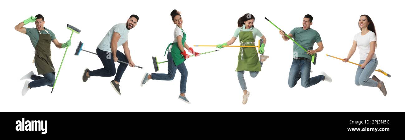 Collage with photos of happy people with brooms on white background ...