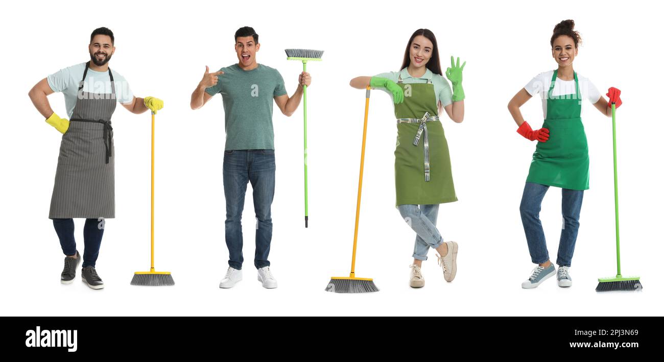 Collage with photos of happy people with brooms on white background ...