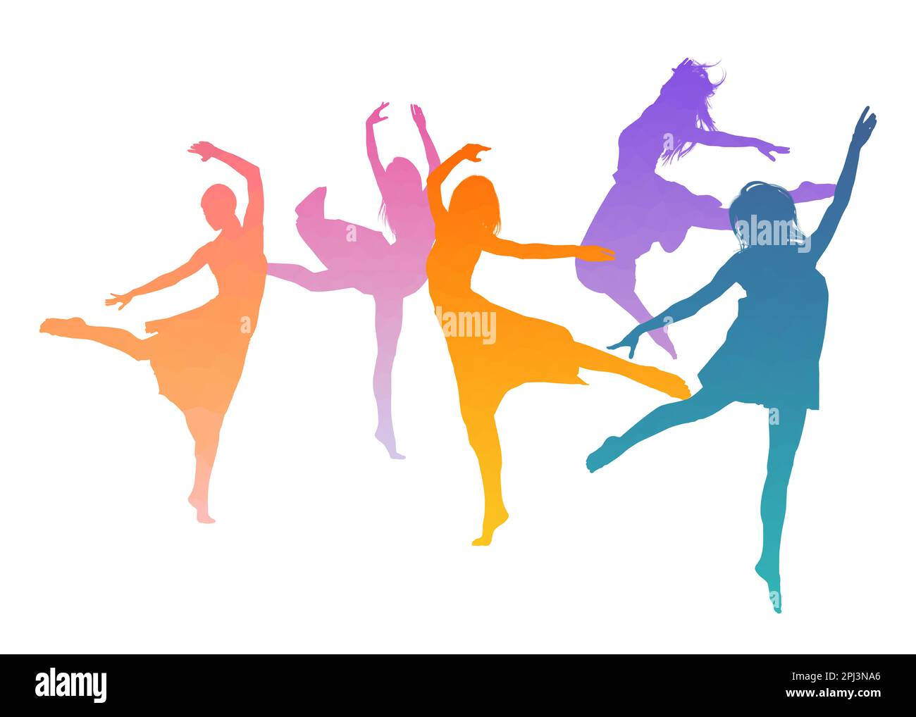 Colorful silhouettes of women dancing on white background. Illustration ...