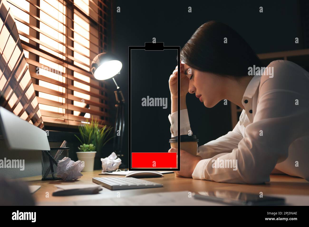 Illustration of discharged battery and tired woman at workplace in ...