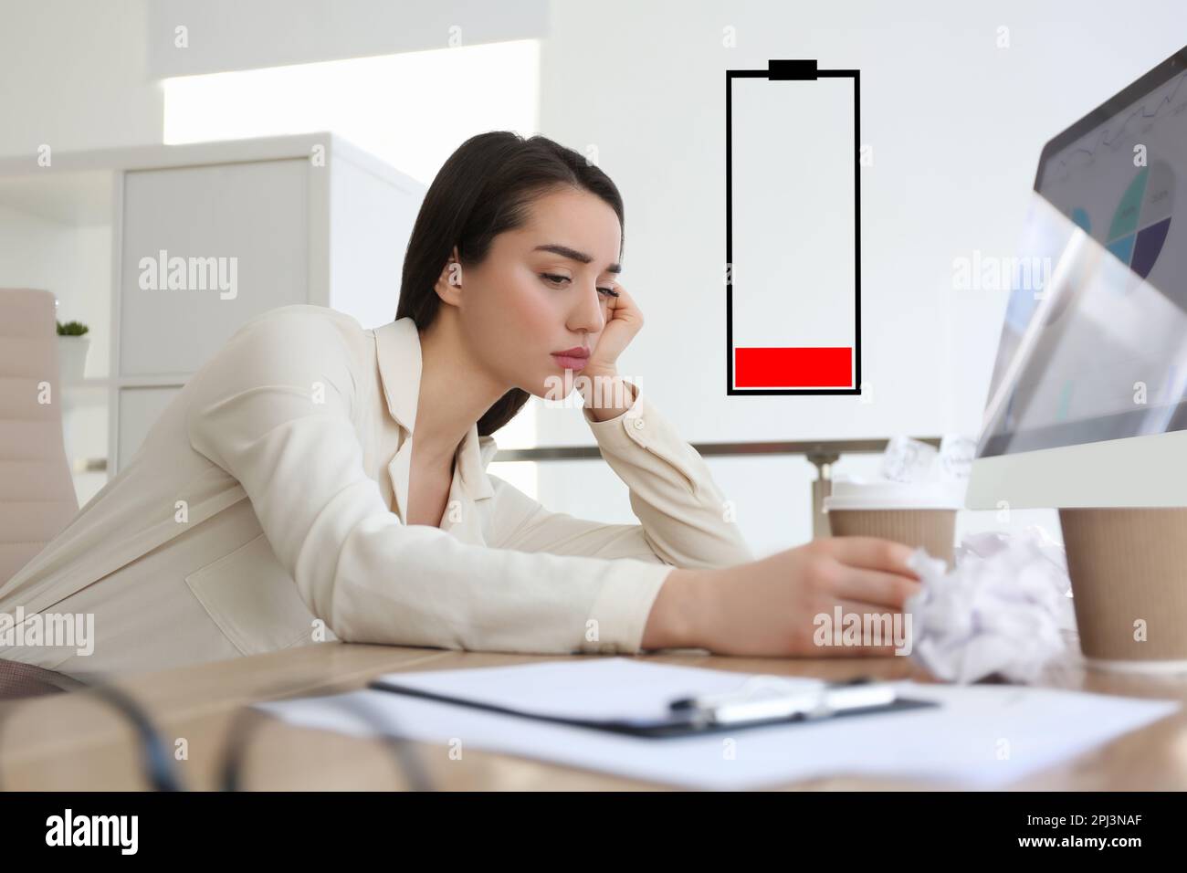 Illustration of discharged battery and tired woman at workplace in ...