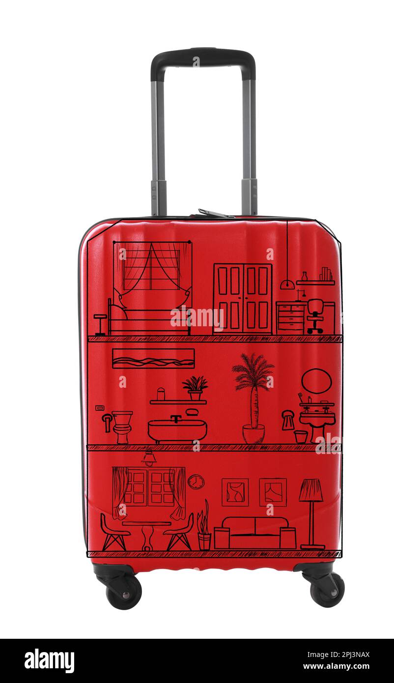Red suitcase with drawing of house on white background. Moving concept ...