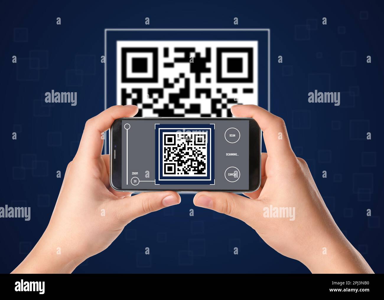 Woman scanning QR code with smartphone on dark blue background, closeup ...