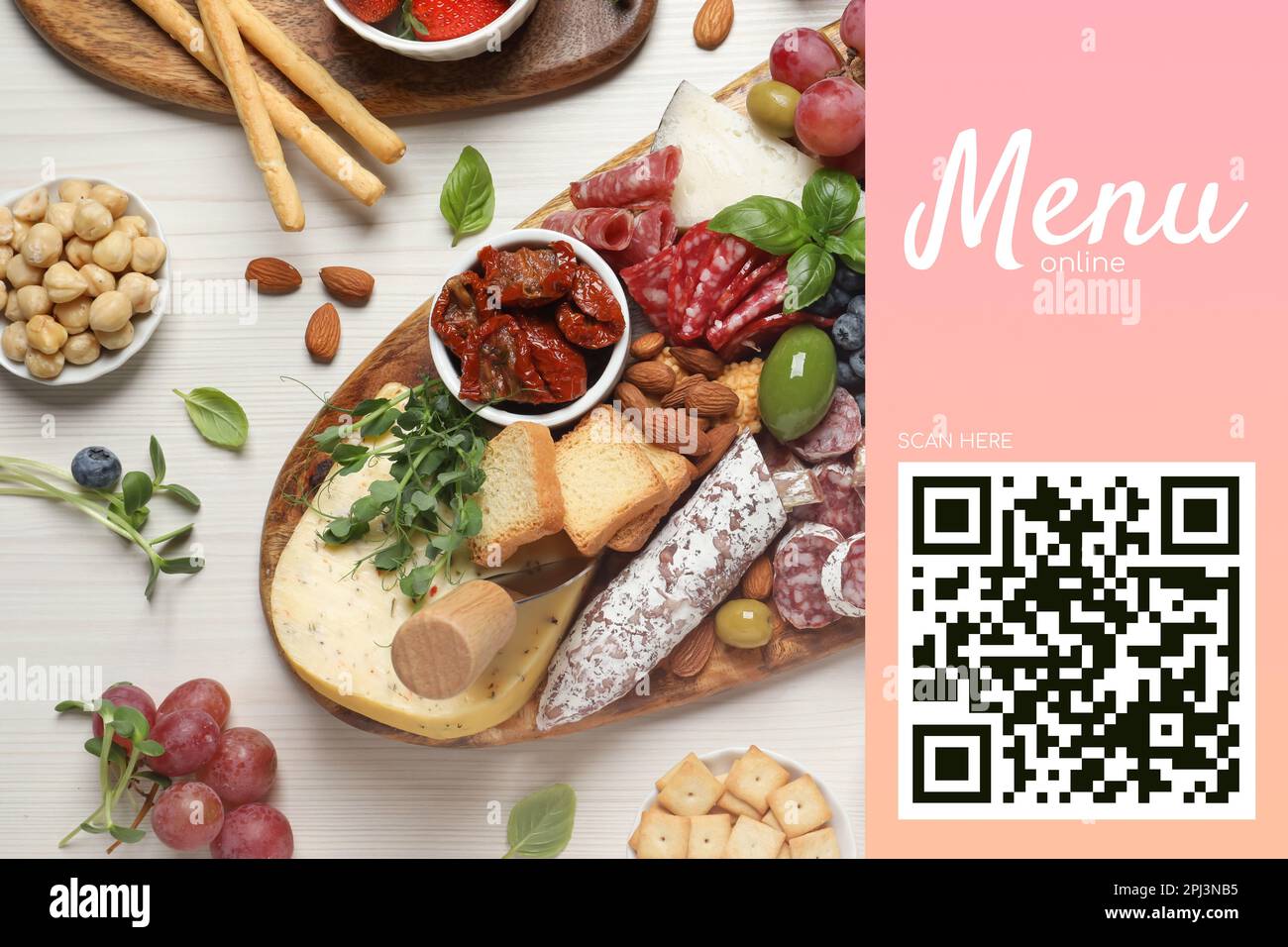 Scan QR code for contactless menu. Set of different delicious ...