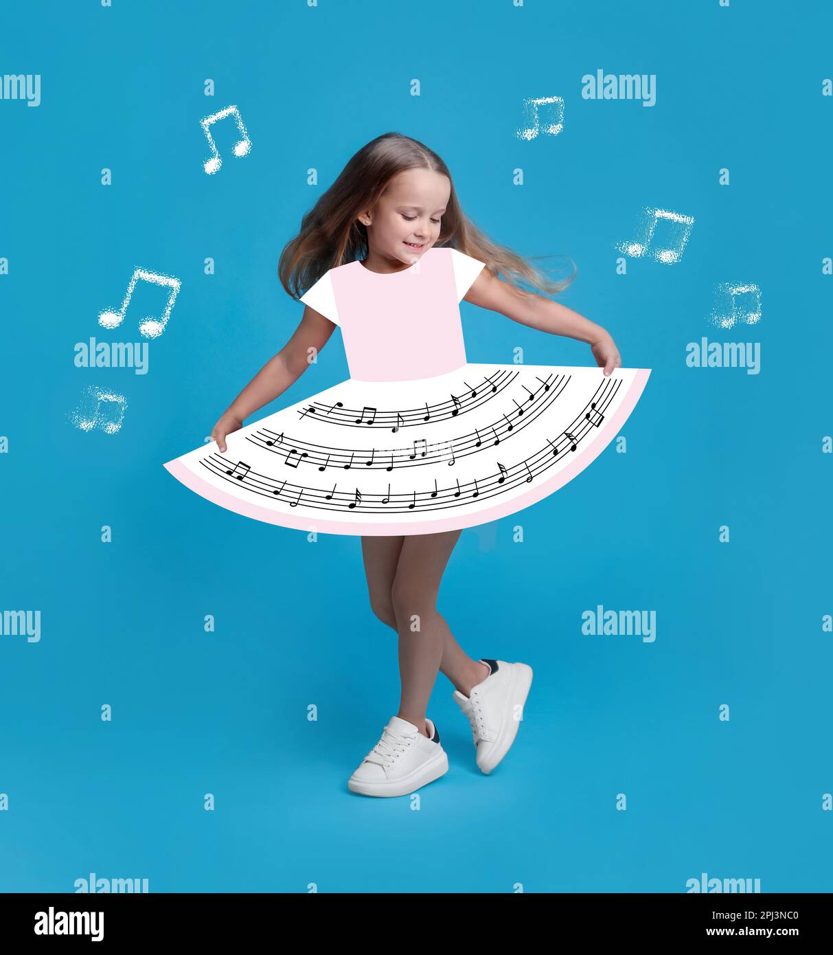 Cute little girl in beautiful dress with musical notes dancing on light ...